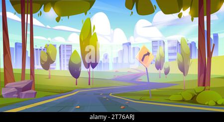 Winding road to city with sign, woods and grass in rain. Cartoon vector ...