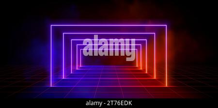 Neon wireframe horizon background. Light purple grid room floor in ...