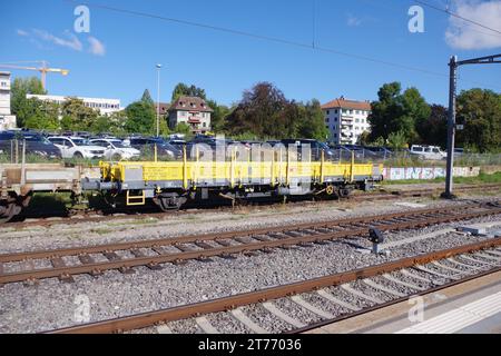 Departmental wagons at Nyon railway station, Nyon, Vaud. Switzerland ...