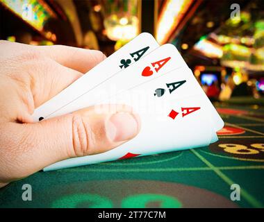 Black Jack casino table with cards and chips Stock Photo - Alamy