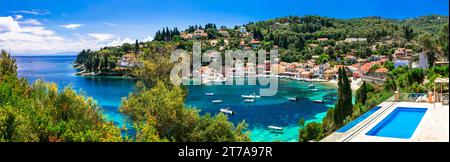 360° view of Authentic tranquil Paxos island. Scenic traditional Loggos ...