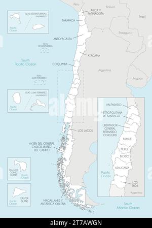 Vector map of Chile with regions and territories and administrative ...