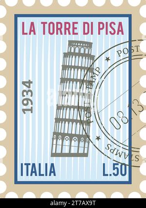Postal stamp with LEANING TOWER OF PISA famous landmark of PISA, ITALY ...