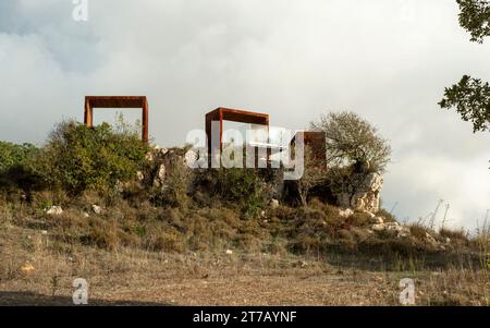 Outdoor viewing platforms on the road between Inia village and Lara bay ...