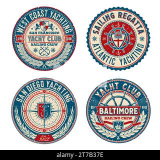 Yacht club retro patch, regatta team grunge badge. Yachting race crew ...