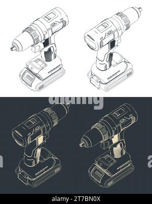 Stylized vector illustrations of blueprints of cordless angle grinder ...