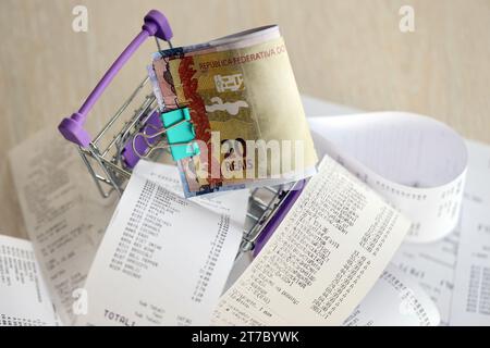 Brazilian reais money bills bunch in shopping trolley surrounded by ...