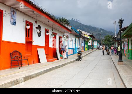 Historic Paisa style houses, street, Salento, Quindio, Colombia Stock ...