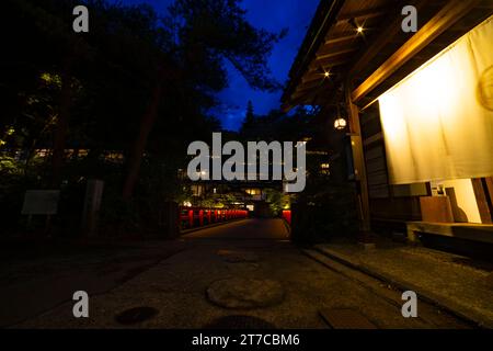 An old fashioned architecture in Nakanojo Gunma at night wide shot ...