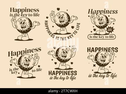 Happiness is the key to life. Vintage mascot character illustration of ...