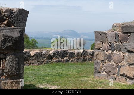 Section of the restored basalt stone wall of the Belvoir Crusader ...