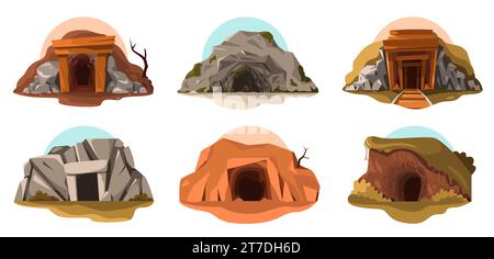 Cartoon isolated abandoned stone cave entrance vector illustration ...