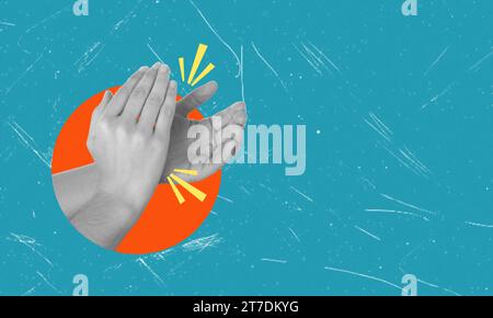 Art collage, clapping palms on a blue background with space for text ...