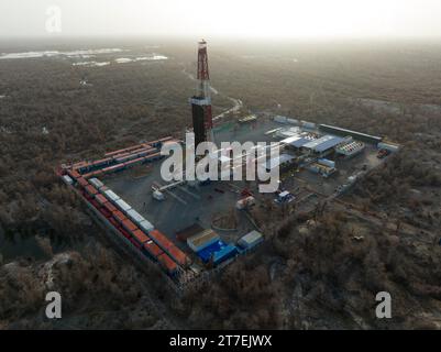 Kuqa. 15th Nov, 2023. This aerial photo taken on Nov. 15, 2023 shows ...