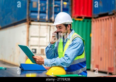 Engineer wears PPE checking container storage with cargo container ...