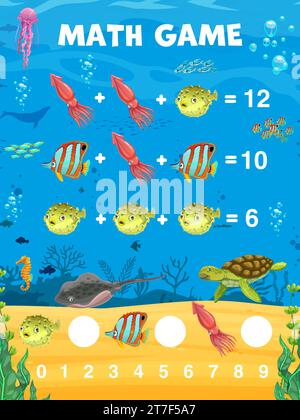 Math game worksheet cartoon turtle characters on tropical island ...