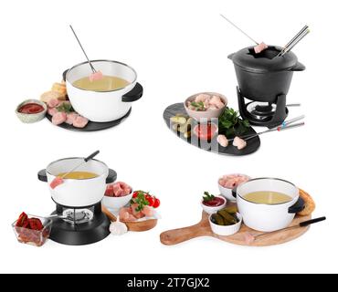 Set with different fondue pots and products on white background. Banner ...