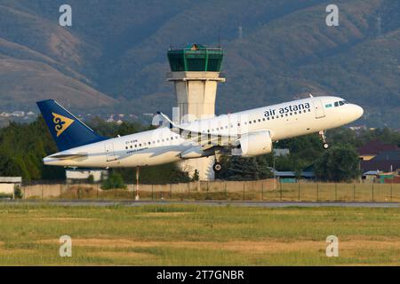 Air Astana Airbus A320neo airplane about to land in Almaty Airport in ...