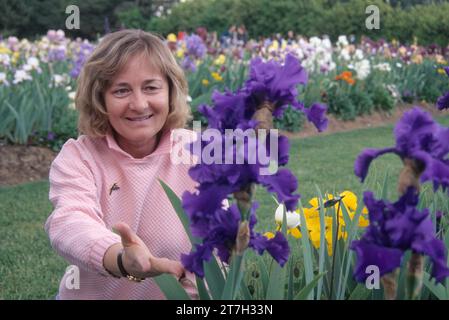 Woman in display garden, Schreiners Iris Garden, Keizer, Oregon Stock ...