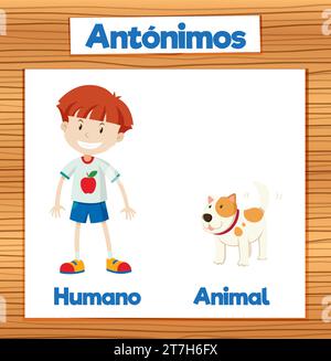 Illustrated picture word card depicting the antonyms 'humano' and ...