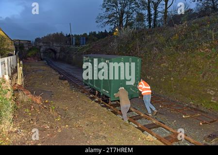 Volunteers unload the first item of rolling stock to arrive at Chirk ...