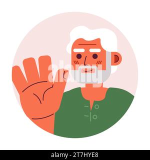 Hispanic old man waving hand greeting black and white 2D vector avatar ...