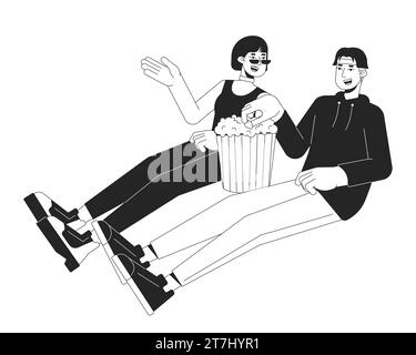 Korean young adult couple discussing movie 2D linear cartoon characters ...