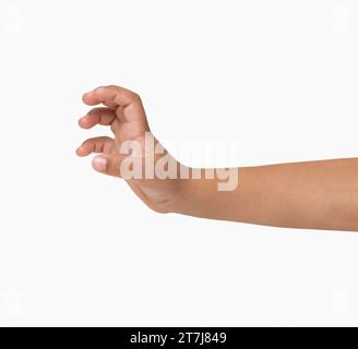 Closeup of a child's hand with catching down gesture against a white ...