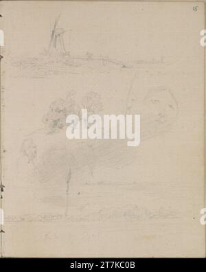 Josef Danhauser Sea and landscape sketch with architecture, windmills and boats (two levels ...