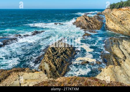 A view of the rugged shoreline at Shore Acres State Park in Oregon ...
