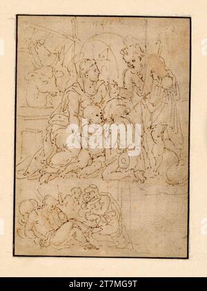 The holy family in the stable, with the boy St. John, ox and donkey ...