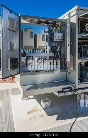 The compressor housing with open doors on the roof at a CO2 cold ...