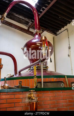 Double distillation process of cognac spirit in Charentias copper still ...
