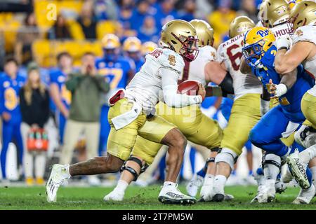 Boston College quarterback Thomas Castellanos (1) runs into the endzone ...
