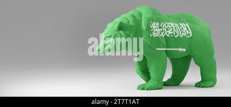 Horizontal banner of a bull with Saudi Arabia flag on plain empty grey ...