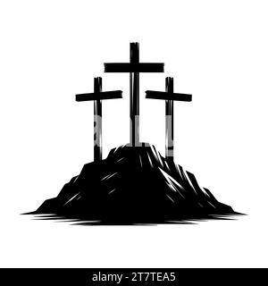 Calvary icon. Black silhouette of a crosses on Calvary hill. Religious ...
