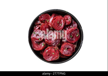 Sliced Raw turkey hearts offal in a pan. wooden background. Top view ...