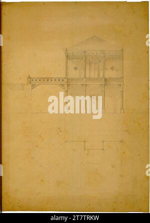 Design for a wooden veranda with connecting bridge, floor plan and ...