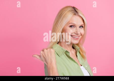 Photo of attractive smiling promoter lady wear purple knit sweater ...