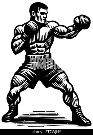 Boxer poised to punch in dynamic black and white woodcut style Stock ...