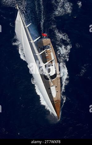 Aerial helicopter photo of the 45m sailing yacht TIMONEER under full ...