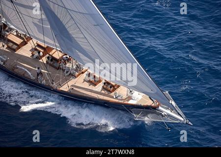 Aerial helicopter photo of the foredeck of the sailing yacht METEOR ...