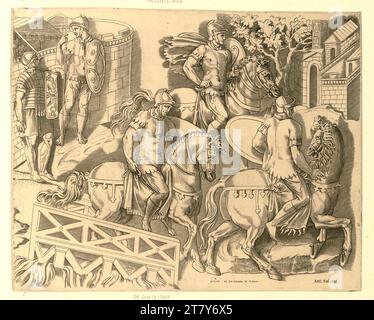 Marco Dente (Engraver) Roman riders cross a bridge. Copper engraving ...