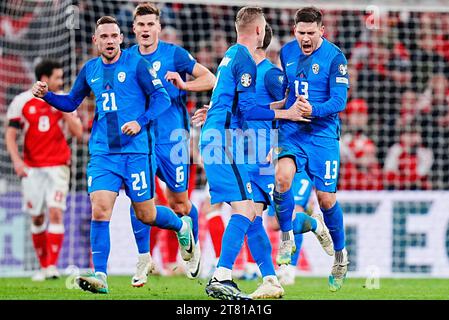 Slovenia's Erik Janza (13) celebrates after scoring during the Euro ...