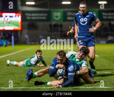 Sale Sharks' Tom Roebuck scores a try during the Gallagher PREM match ...