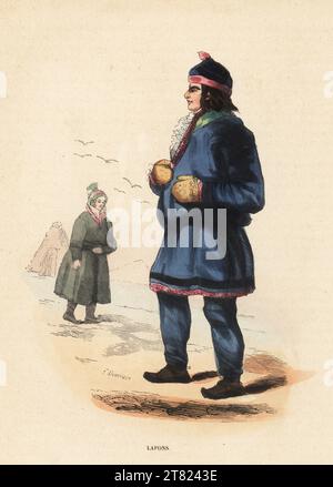 Costumes of the Sami people of Lapland, 19th century. A family standing ...
