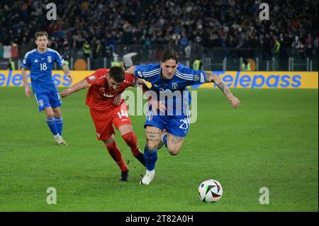 Nicolo Zaniolo of Italy and Bojan Dimoski of North Macedonia during Uefa Euro 2024 Qualifiers ...