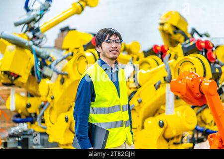 Young japanese engineer in charge of an automated manufacturing factory ...