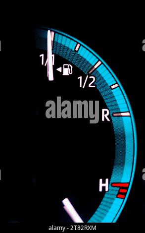 Car fuel gauge indicating full tank. Digital car dashboard indicators ...