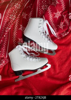 Flat lay. White figure skates on a wooden boards Stock Photo - Alamy